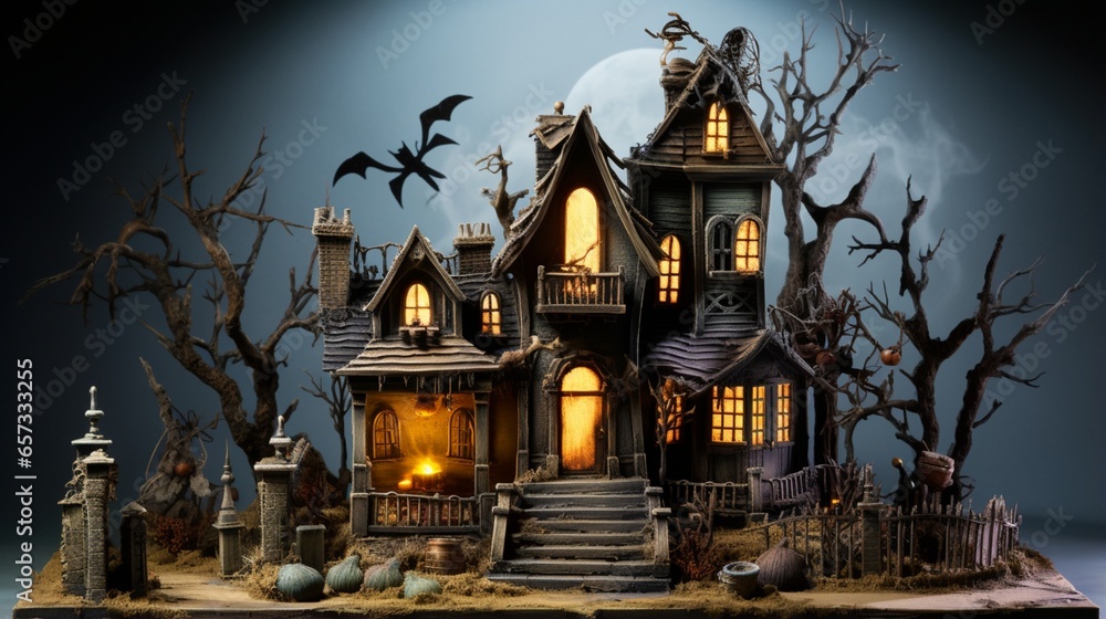 a miniature spooky haunted house with eerie details like cracked ...