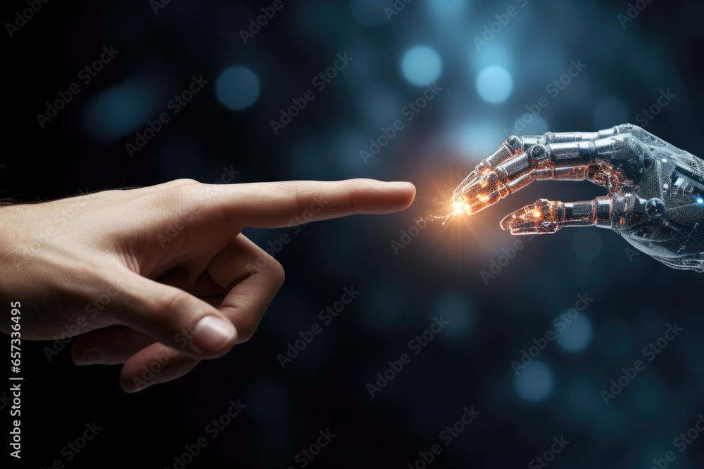 Close-up depiction of a human's hand reaching out to touch a robot's ...