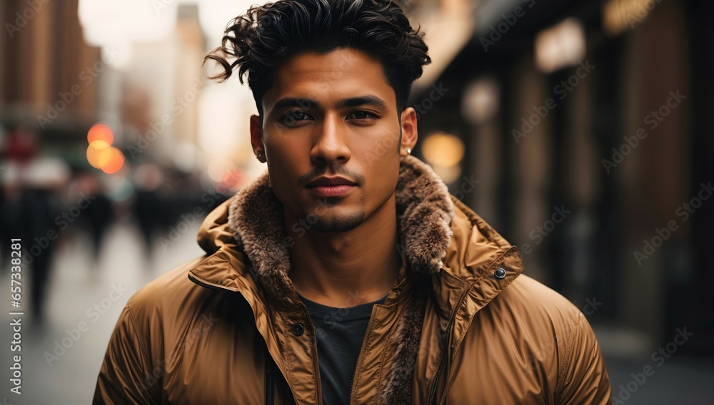 Fashion portrait of handsome mixed race male model in brown jacket on ...
