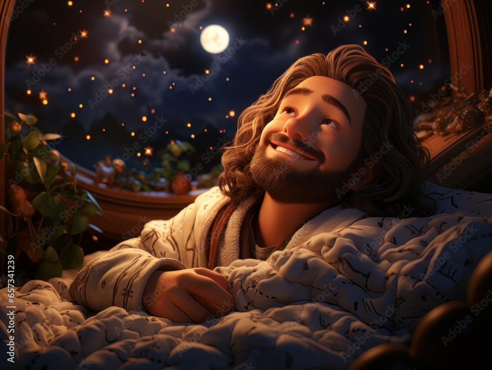 Cartoon Jesus Christ goes to bed in a cozy home. AI Stock Illustration ...