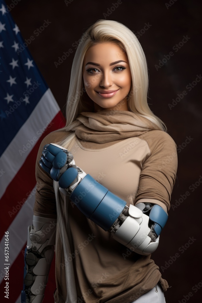 Beautiful young girl with prosthetic arm, attractive looking happy and ...