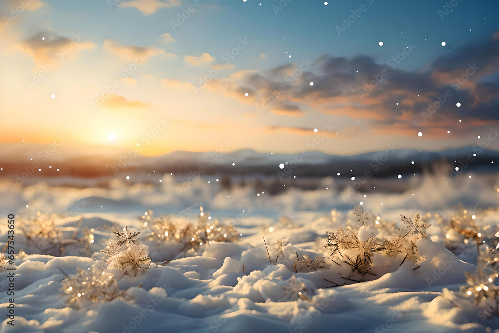 Winter snow background with snowdrifts, beautiful light, snow flakes ...