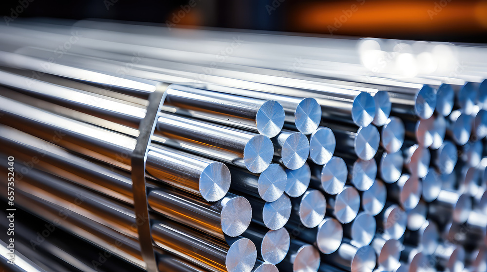 Thick aluminum rods in warehouse. Remelting non-ferrous or ferrous ...