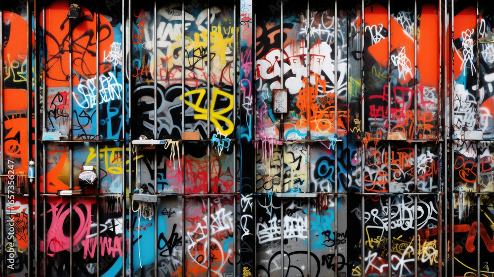 Closeup of a graffiticovered metal gate, with vibrant and bold tags ...