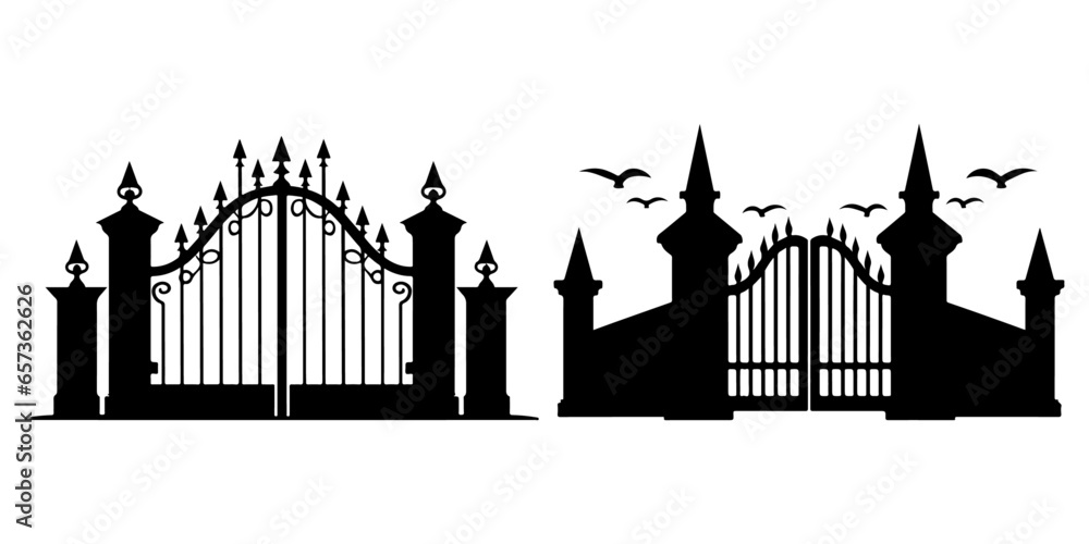 Collection of Spooky Cemetery Gate Silhouettes Isolated for Halloween ...