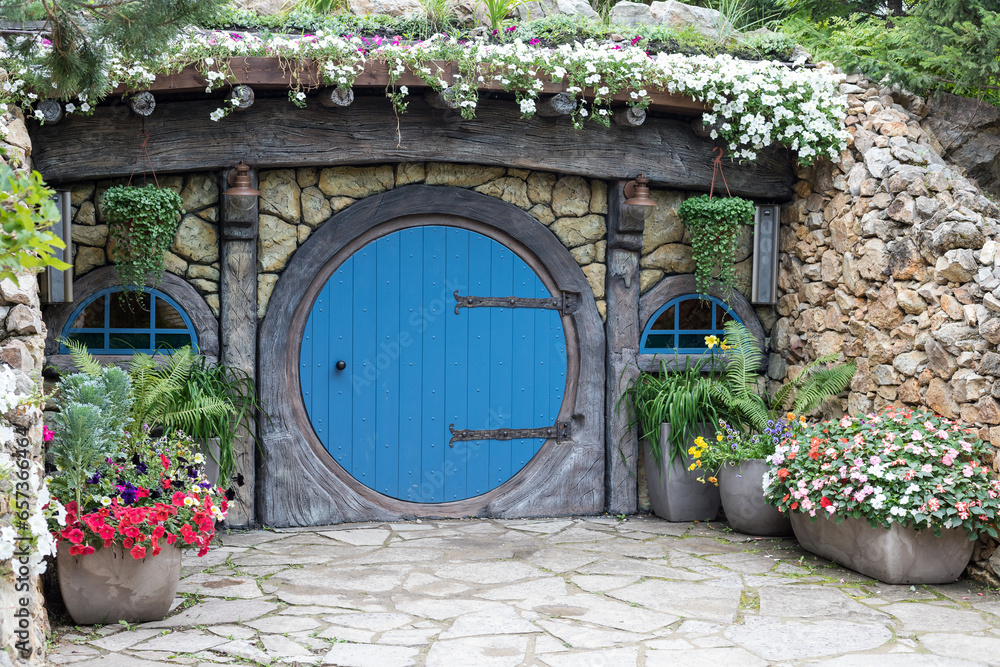 Krasnoyarsk, Russia-July 21, 2023:The blue door of the Hobbit Hole ...