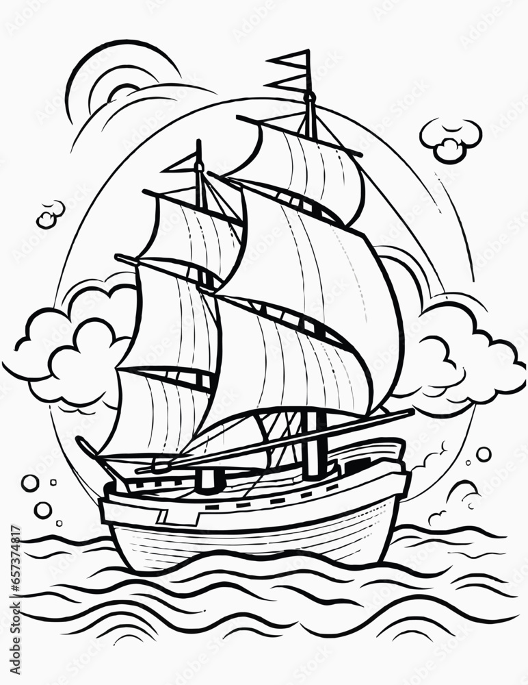 Cute kawaii ship coloring page for kids with saliboat on the waves ...