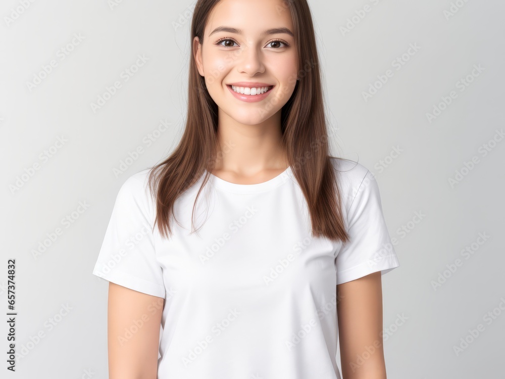 Female Model in White T-Shirt Mockup, Woman Wearing Plain White T-Shirt ...