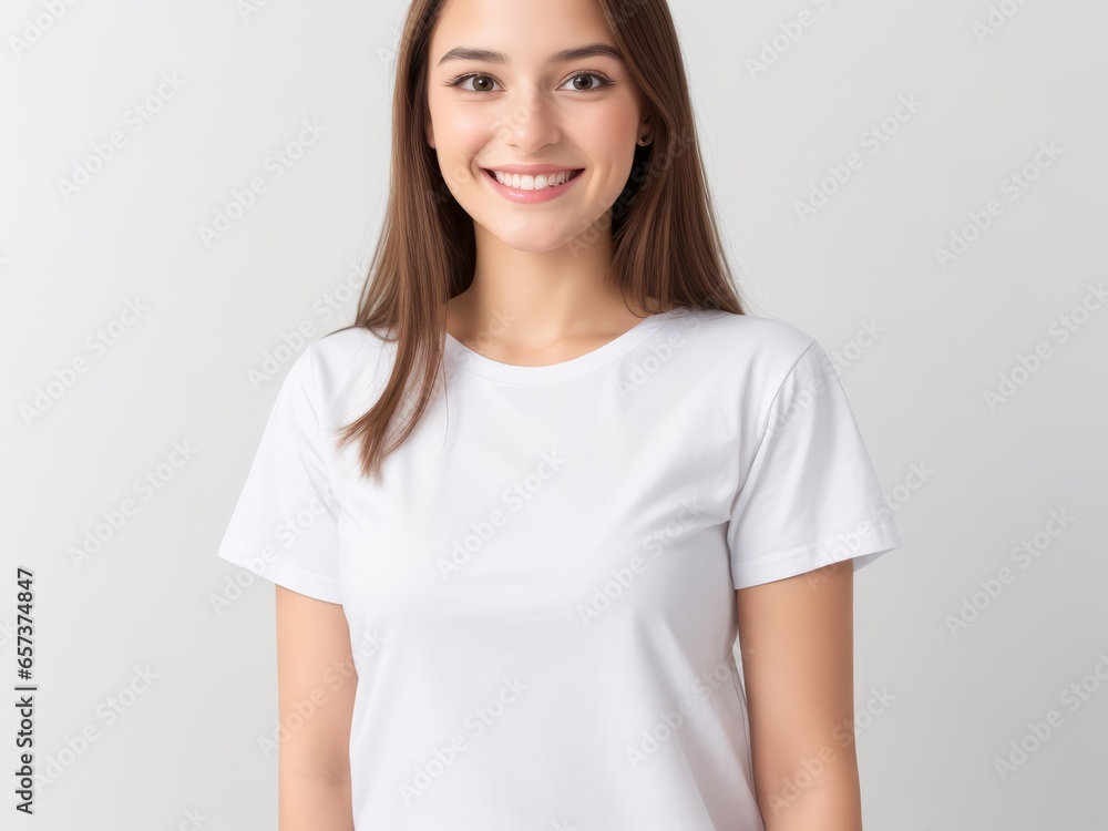 Female Model in White T-Shirt Mockup, Woman Wearing Plain White T-Shirt ...