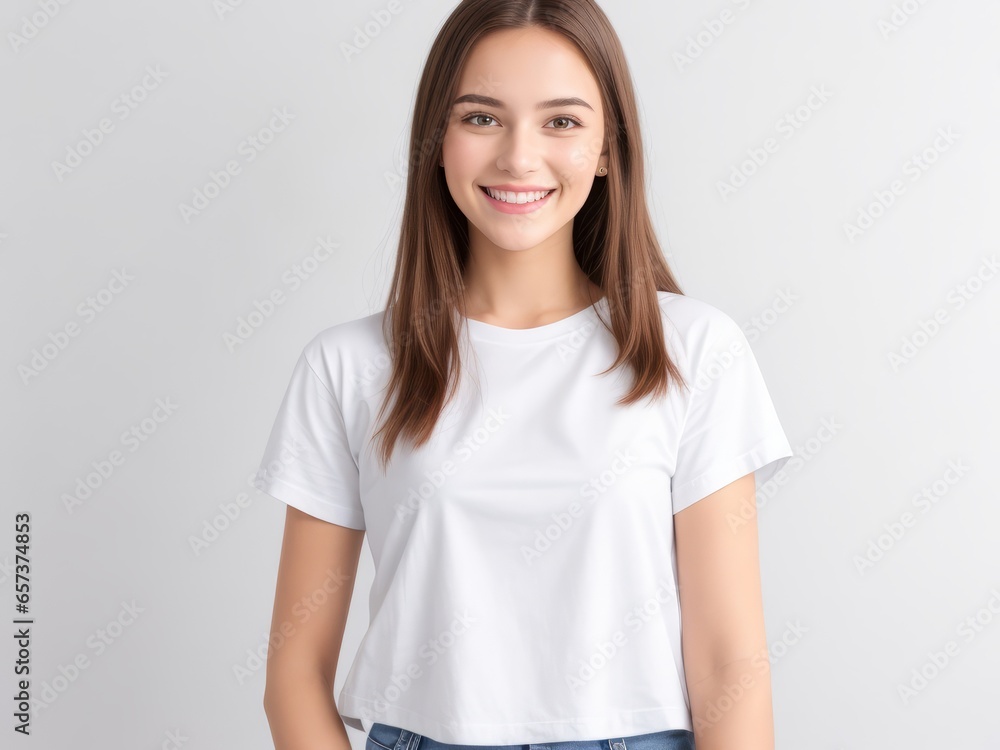 Female Model in White T-Shirt Mockup, Woman Wearing Plain White T-Shirt ...