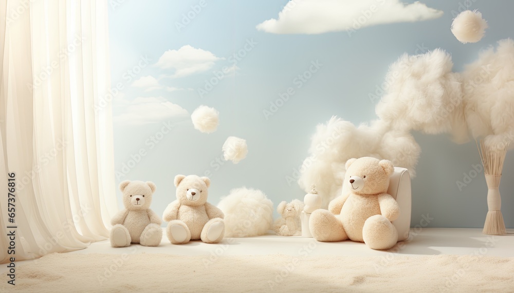 Backdrop for a young child studio photo, room with teddy bears and blue ...