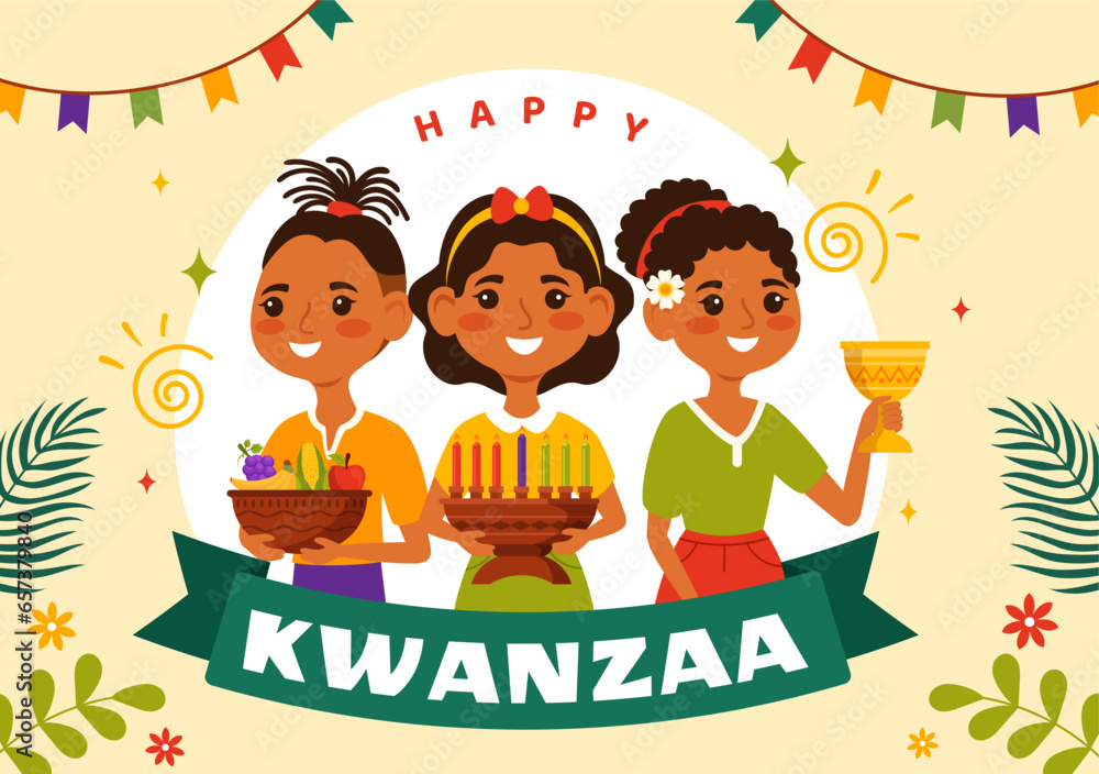 Happy Kwanzaa Vector Illustration with Mazao, Zawadi, Mkeka, Kinara ...