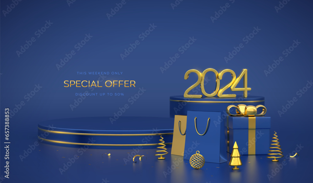 Happy New 2024 Year SALE banner. Scene and 3D round platforms on blue ...