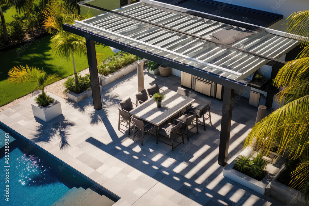 Modern black bio climatic pergola with top view on an outdoor patio ...