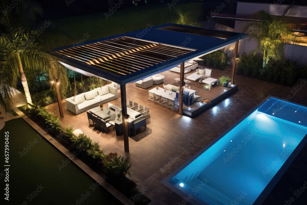 Modern black bio climatic pergola with top view on an outdoor patio ...