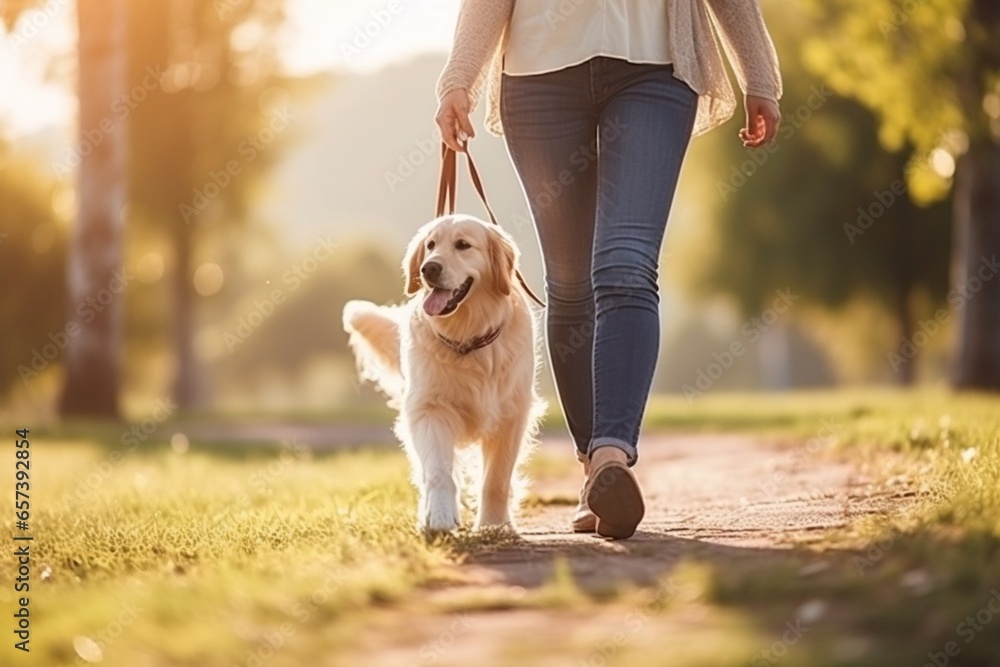 Generative AI : Owner walking with dog together in park outdoors ...
