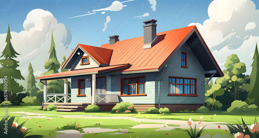 cartoon house on a grassy field with trees and bushes Stock ...