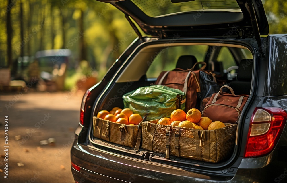 Outside, a car trunk contains bags of goods. Fresh food from the ...