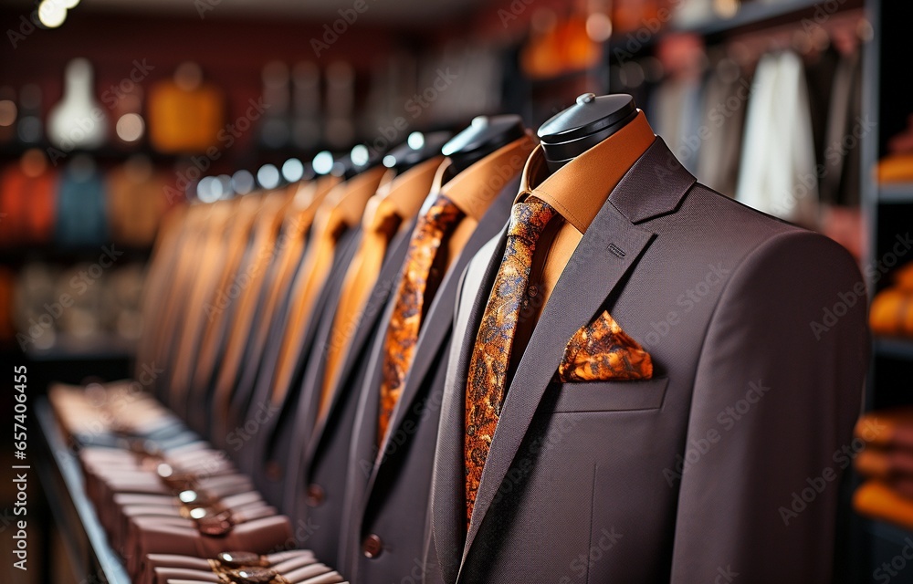 A stylish business suit is on display in a suit store. Hangers line up ...