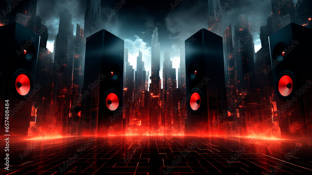 Pulse of Sound: Dynamic music background with speakers, black and red ...