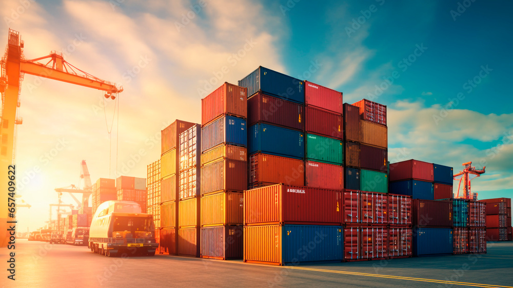 A cinematic scene of cargo containers stacking on a ship in a port ...