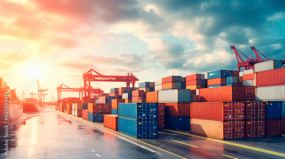 A cinematic scene of cargo containers stacking on a ship in a port ...