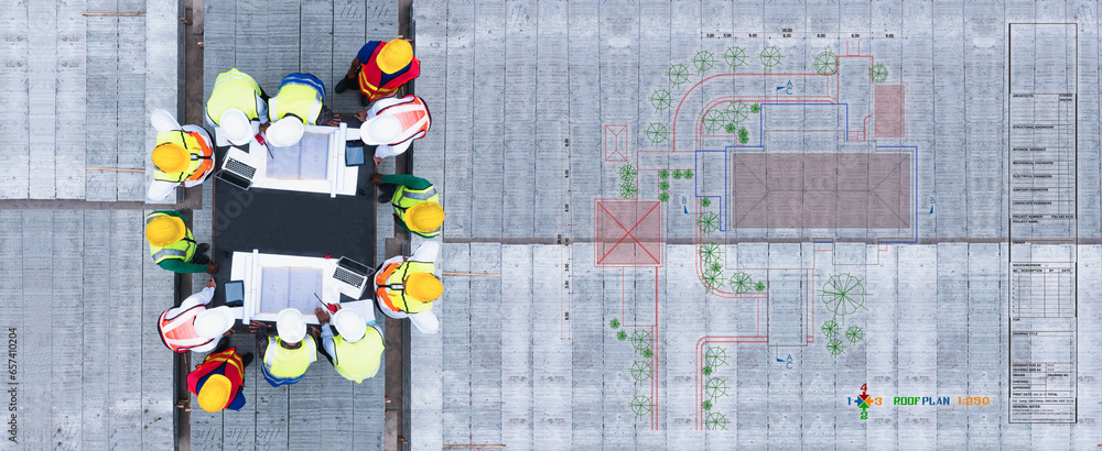 Top view of architectural engineering discussion at the table and his ...