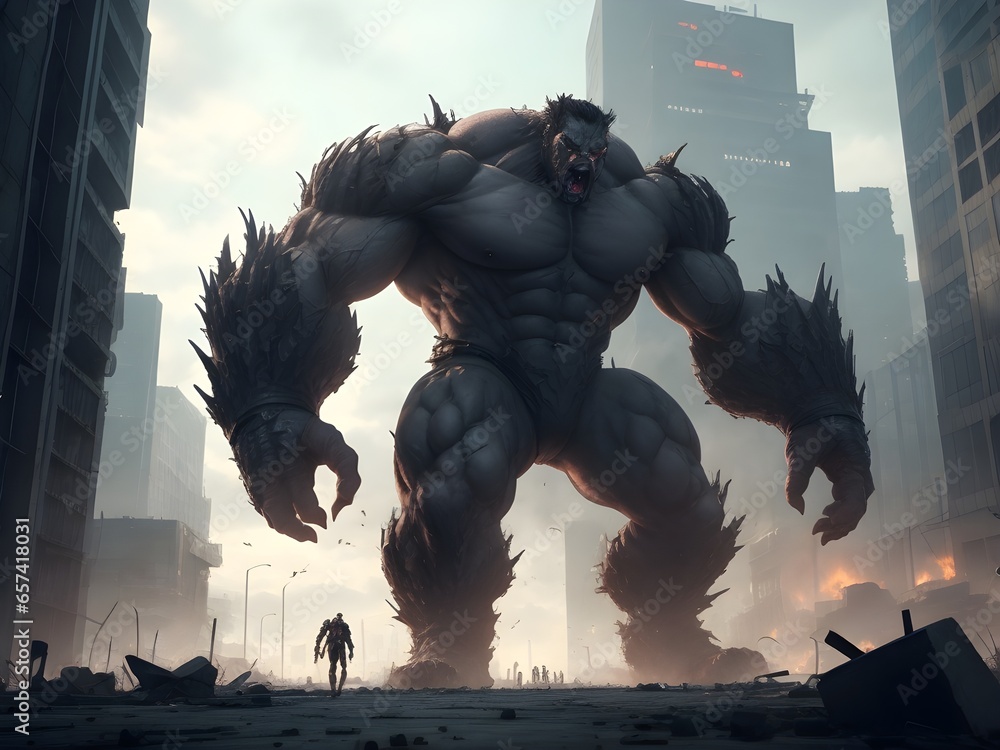 A towering mutant with colossal strength, engaged in a fierce hand-to ...