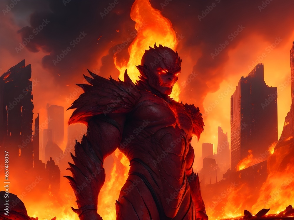 A fiery mutant, with skin as red as molten lava, stands tall amidst the ...