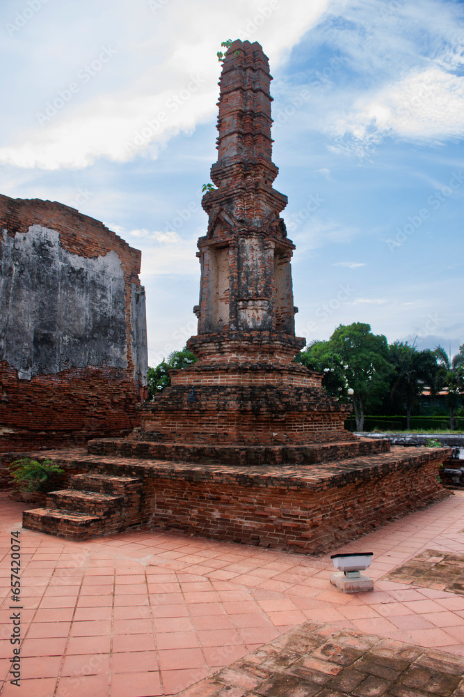 Ancient ruins ubosot ordination hall and antique old ruin stupa chedi ...