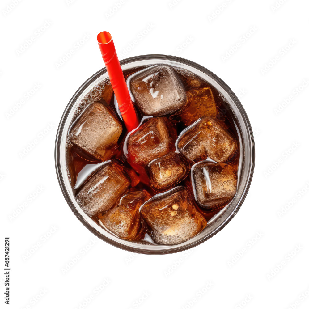 Coke with ice cube in a glass top view on transparent background Stock ...