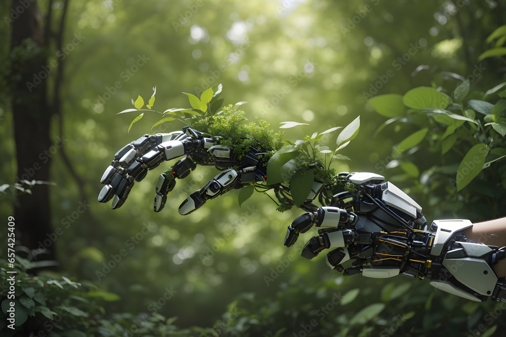 Artificial intelligence green tech AI robot hand saving the environment ...