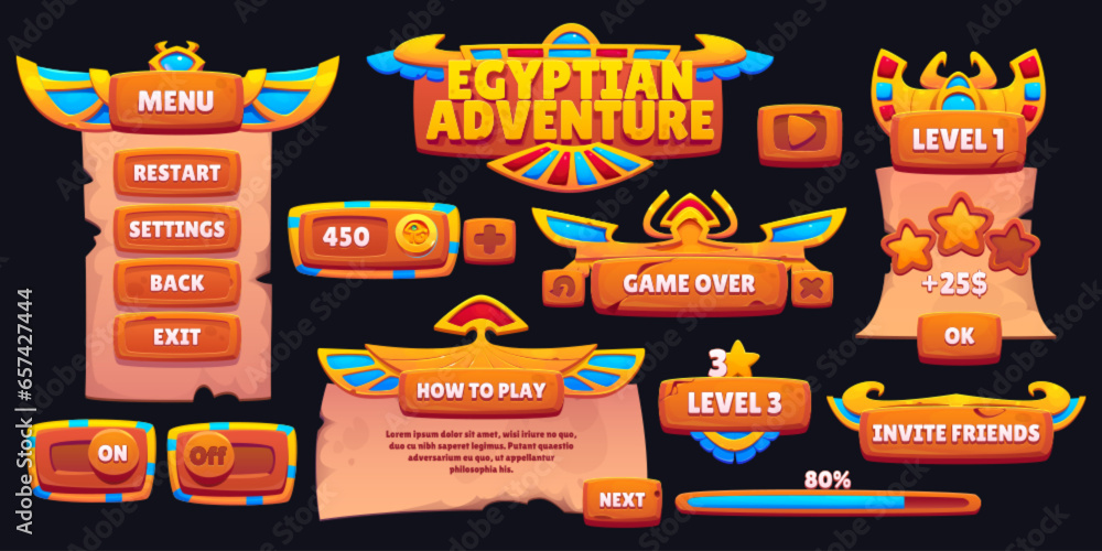 Egyptian adventure game ui design templates set isolated on black ...