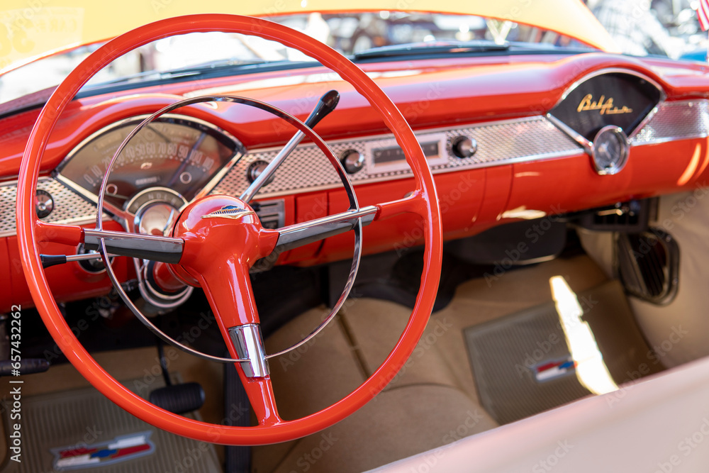 Snohomish, WA, USA - 25 September 2022. Interior of red Chevrolet Bel ...