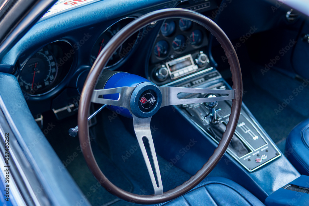 Snohomish, WA, USA - 25 September 2022. Interior of blue Chevrolet ...