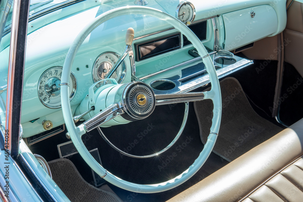 Snohomish, WA, USA - 25 September 2022. Interior of blue Chevrolet ...
