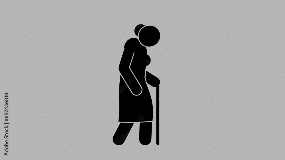 Old woman walks with a stick - animated pictogram. Elderly woman with a ...