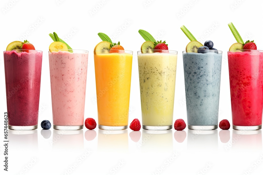 Set of smoothies in a glass jar made from variety of fruits isolated on ...