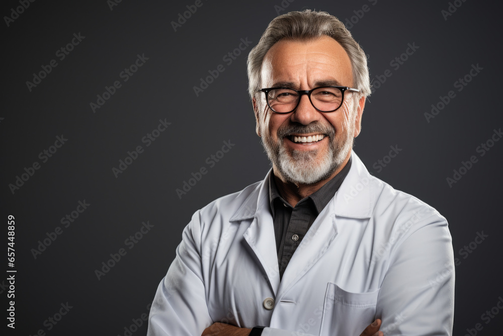 Man in lab coat smiles at camera. Scientist, researcher, or ...