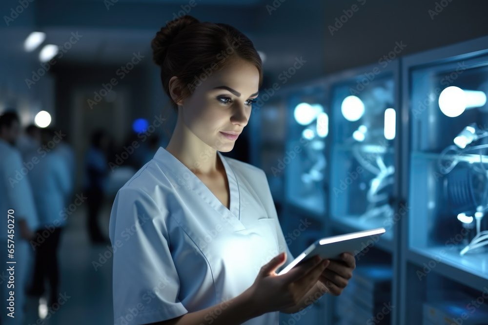 Professional woman in white lab coat is seen using cell phone. This ...
