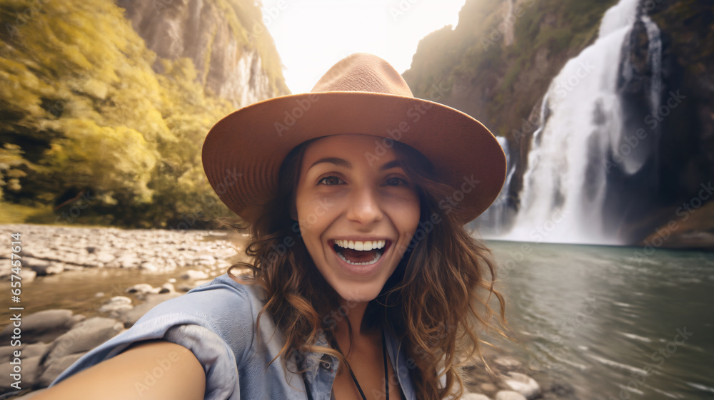 beautiful young female tourist visiting national park taking selfie ...