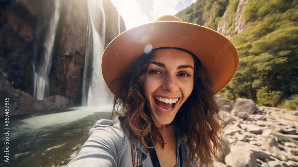 beautiful young female tourist visiting national park taking selfie ...