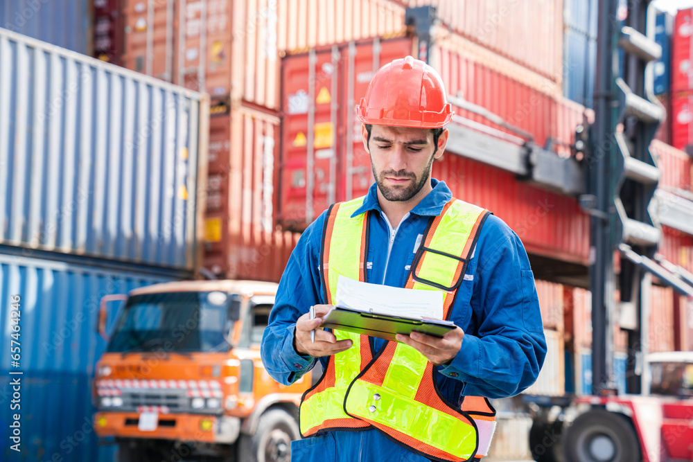 Male Container yard worker control and checking container at container ...