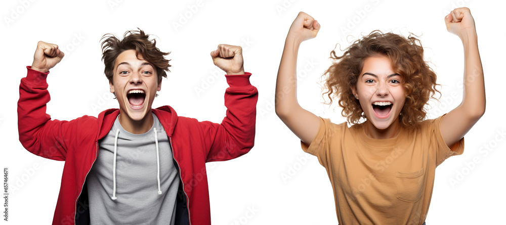 emotional, happy, excited, cheering teenager boy and girl kid ...