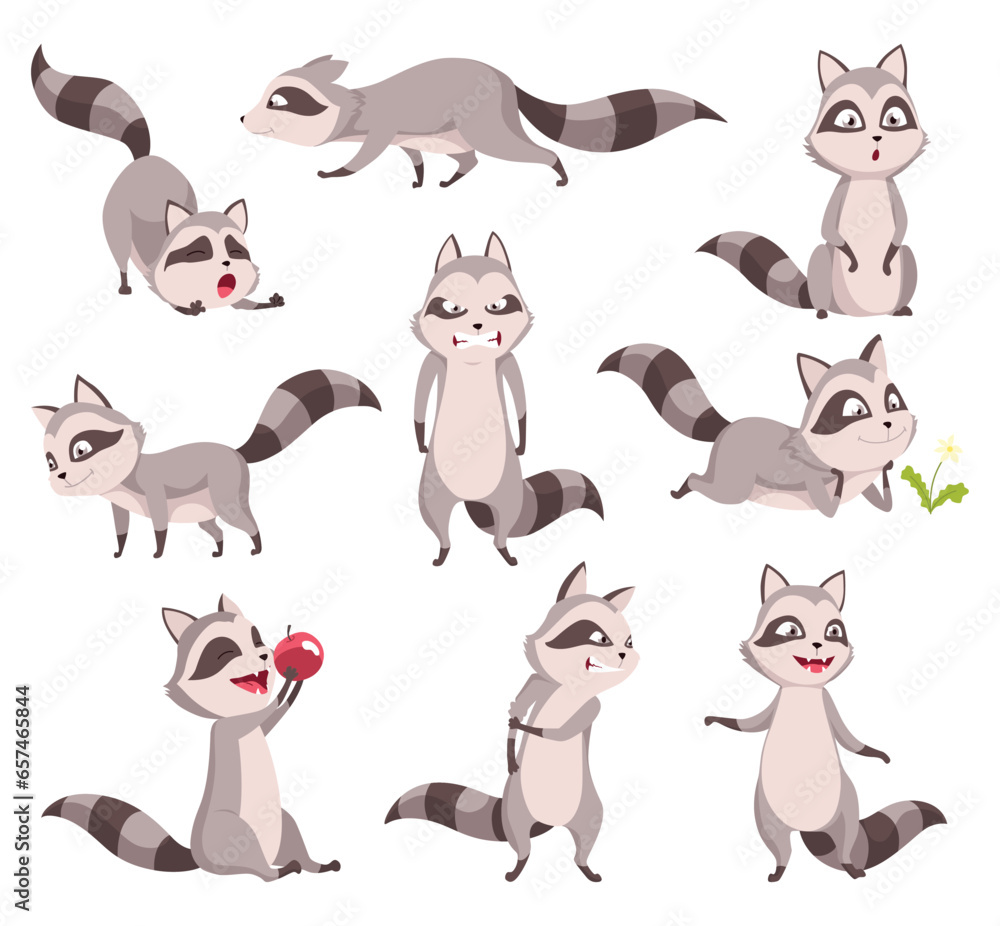 Raccoon character emotions. Funny wild coon in trash in different poses ...