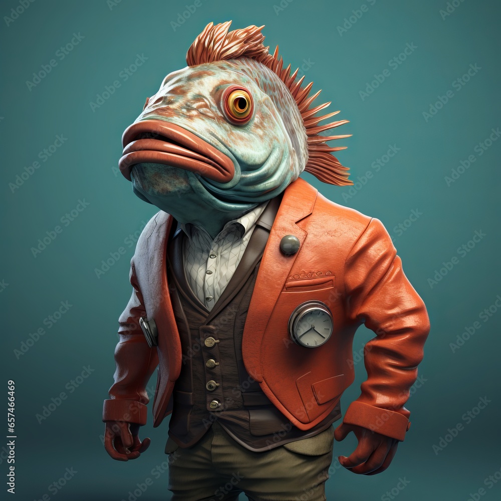 Man Fish Anthropomorphic Person in clothes: suite and cap. This ...