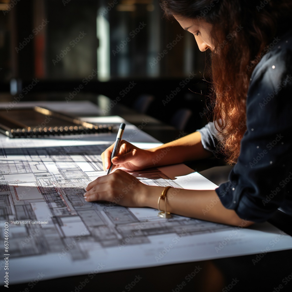 Woman working on archicad autocad drawings, she sit at the desk in ...