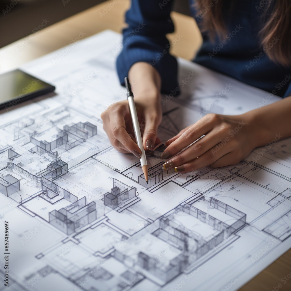 Woman working on archicad autocad drawings, she sit at the desk in ...