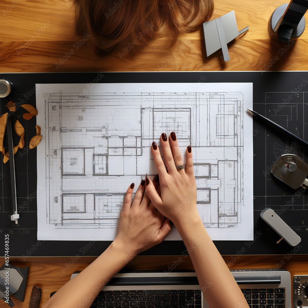 Woman working on archicad autocad drawings, she sit at the desk in ...