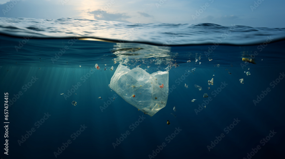 Sunlight pierces the ocean's surface, revealing drifting plastic bags ...